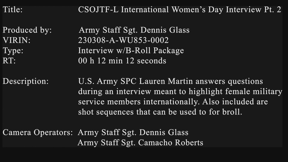 DVIDS - Video - CSOJTF-L International Women's Day Interview Pt. 2