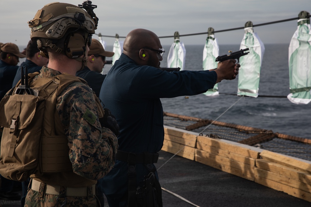 DVIDS - Images - USS Arlington conducts pistol range at sea [Image 2 of 3]